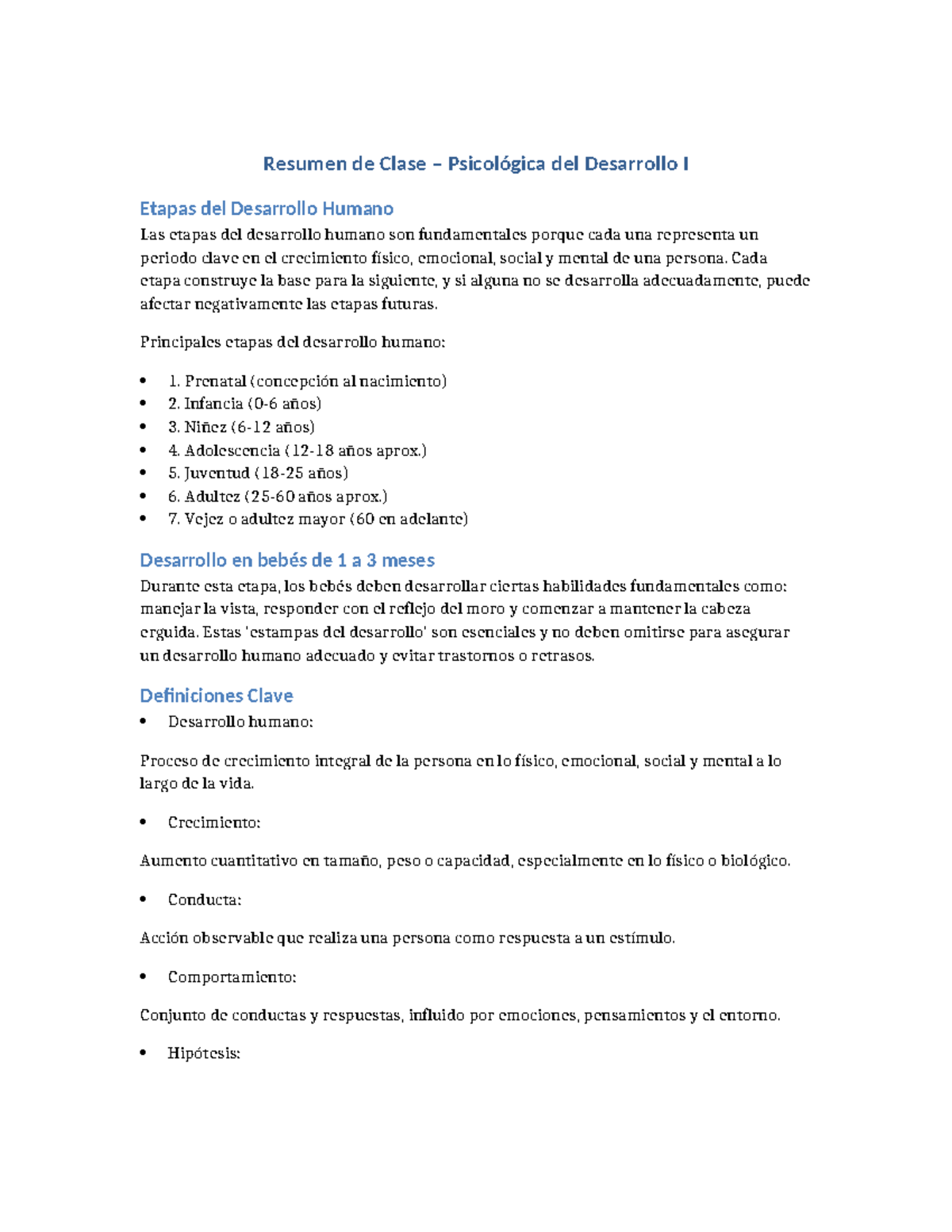 Resumen de Clase PSIC 101: Etapas del Desarrollo Humano - Studocu