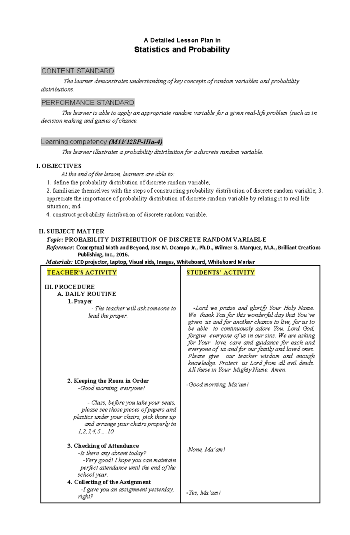Detailed lesson plan in statistics and probability - A Detailed Lesson ...