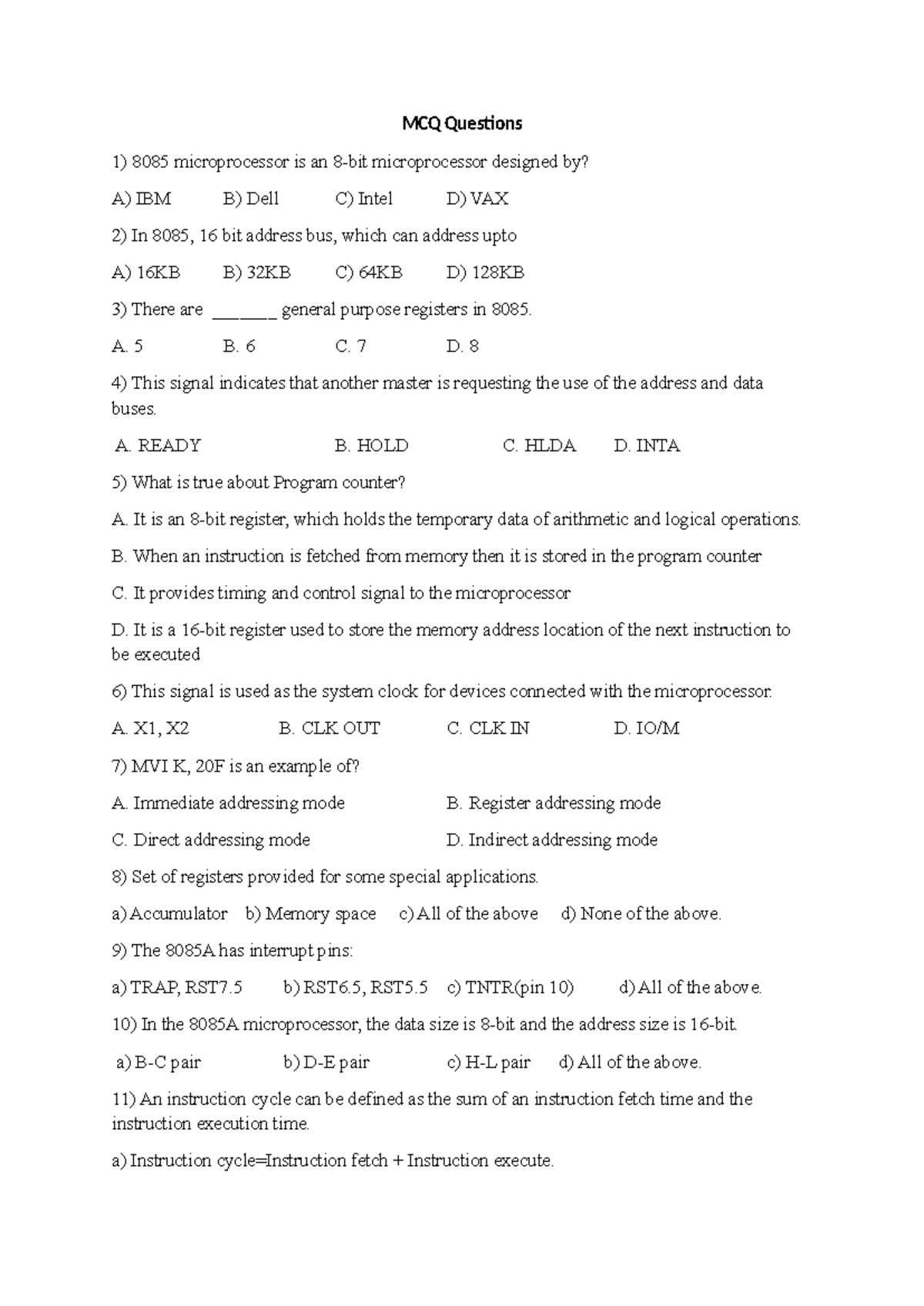 MCQ Questions on 8085 Microprocessor - Lecture Notes - Studocu