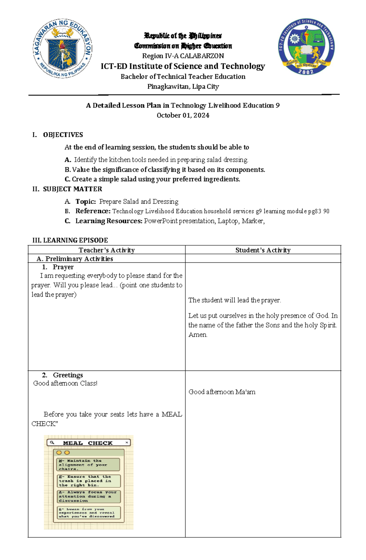 Detailed Lesson Plan G9: Preparing Salad & Dressing Activities - Studocu