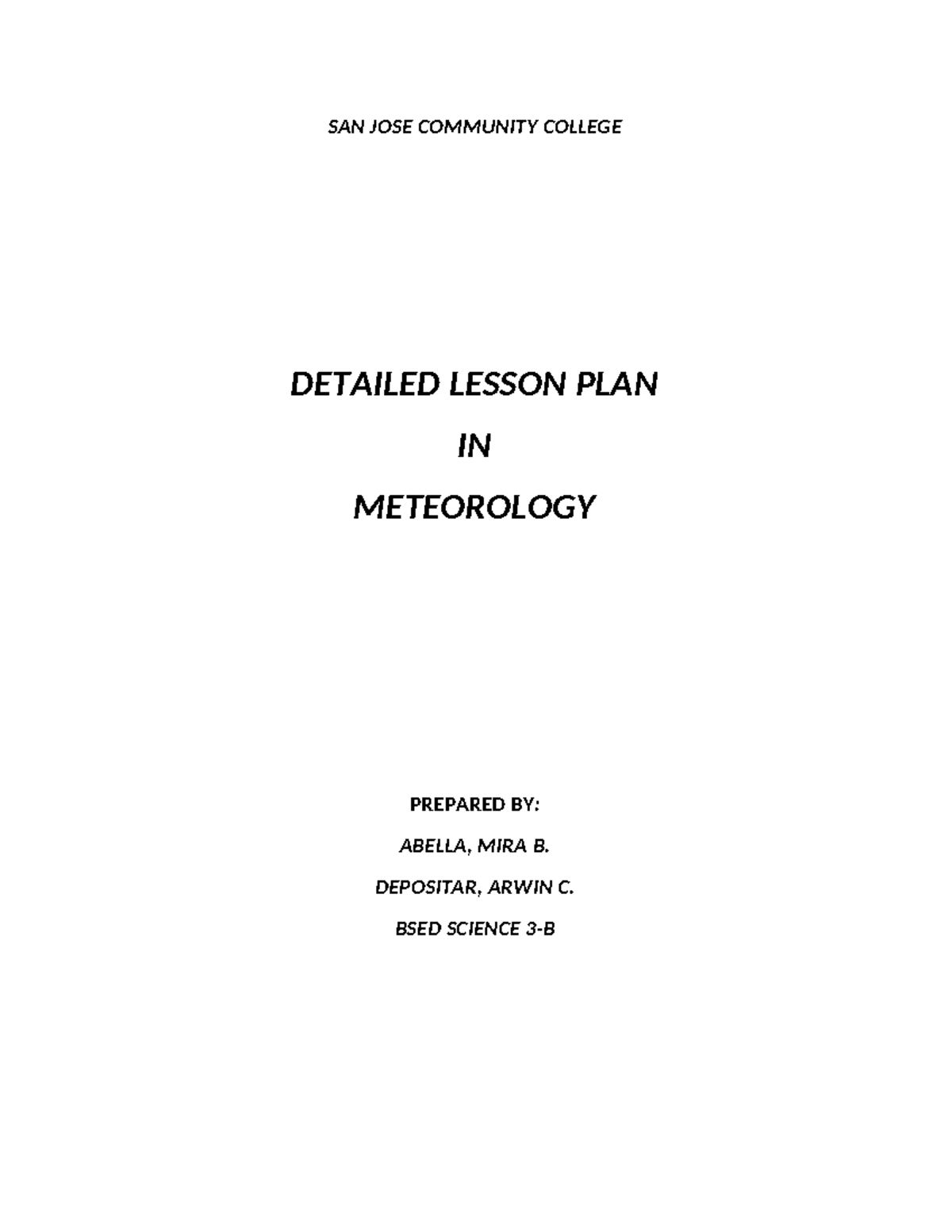 Lesson PLAN IN Meteorology - SAN JOSE COMMUNITY COLLEGE DETAILED LESSON ...