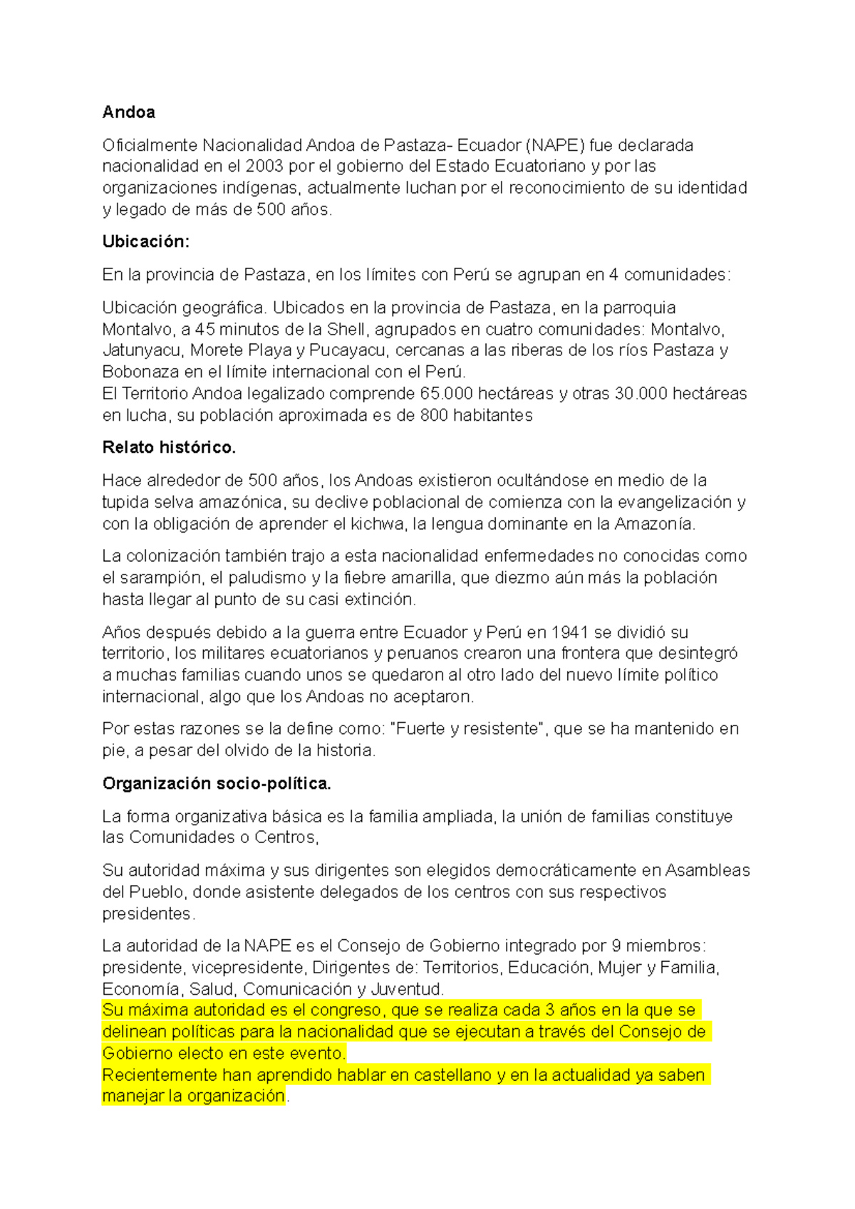 Andoa - Ubicación: En la provincia de Pastaza, en los límites con Perú ...