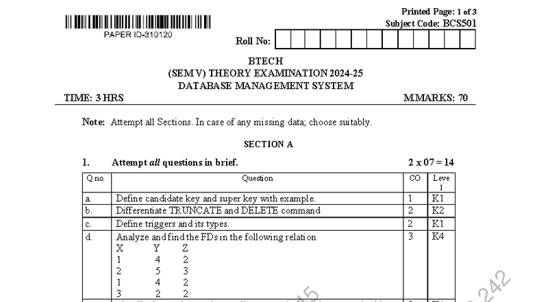 BCS501 BTECH (SEM V) Theory Exam: Database Management System Guide ...