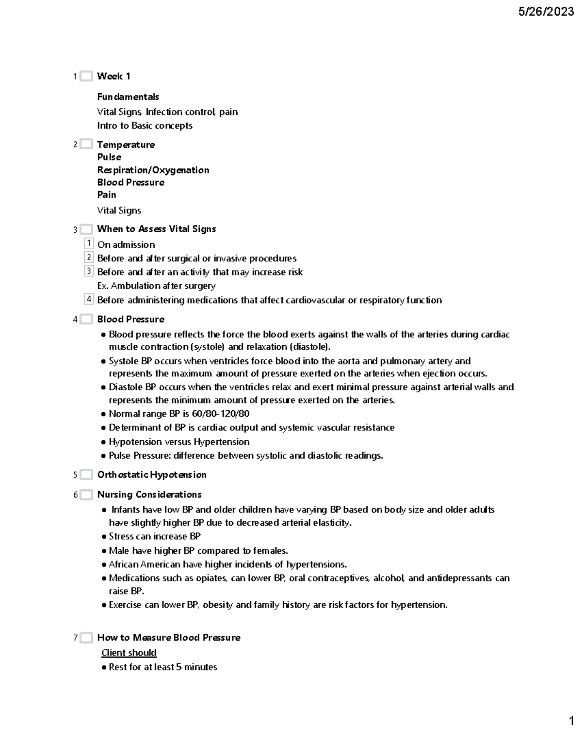 Nursing 101 Lecture Notes: Week 1 on Vital Signs & Infection Control ...