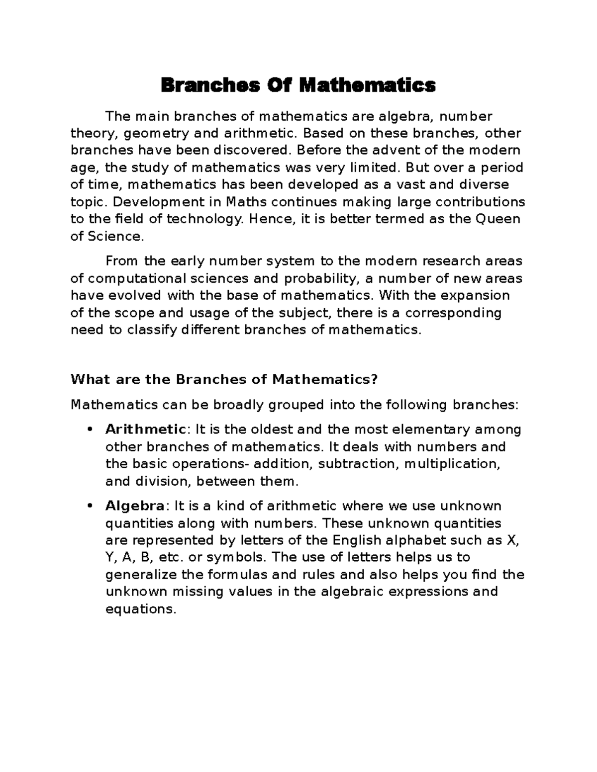 Branches of Mathematics: Overview of Key Areas and Concepts - Studocu