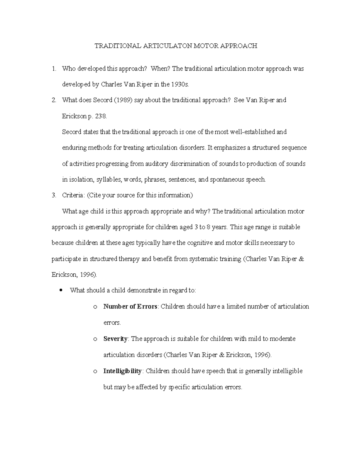 Traditional Articulation Motor Approach Worksheet - SLP 101 - Studocu