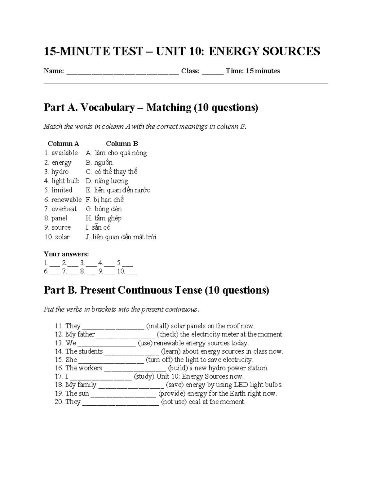 G7 Unit 10: Energy Sources Vocabulary & Present Continuous Test - Studocu