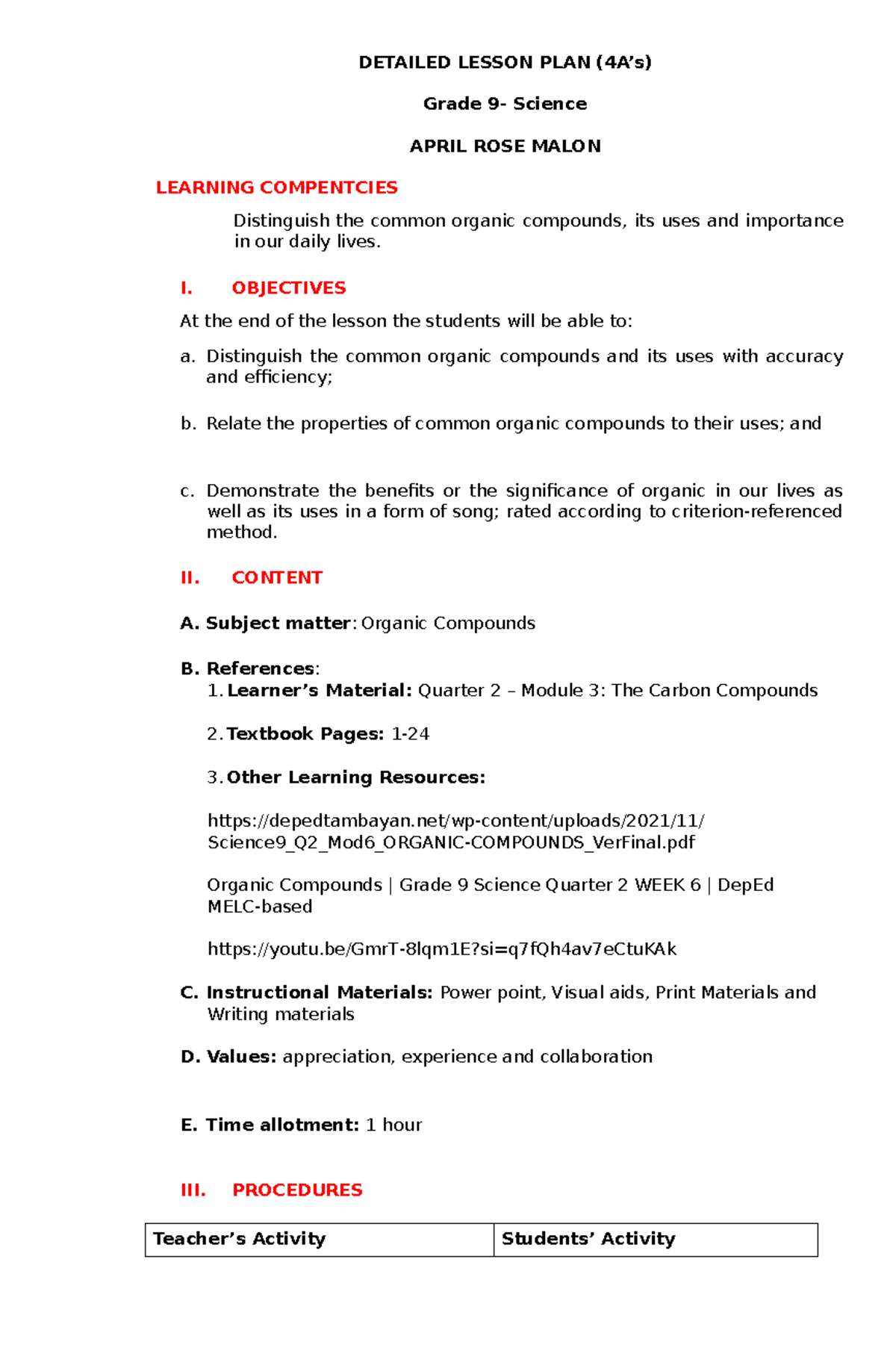 Grade 9 Science Detailed Lesson Plan on Organic Compounds (4A's) - Studocu