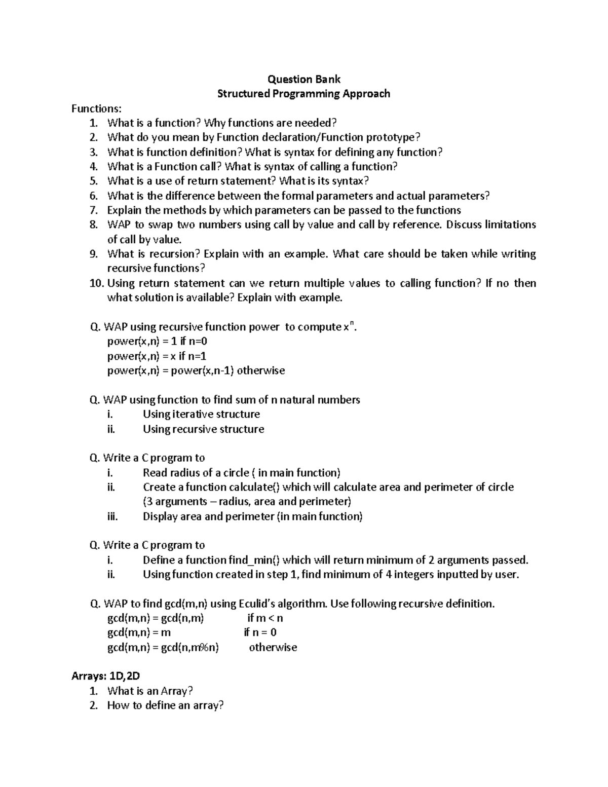 Question Bank prelim exam - Question Bank Structured Programming ...
