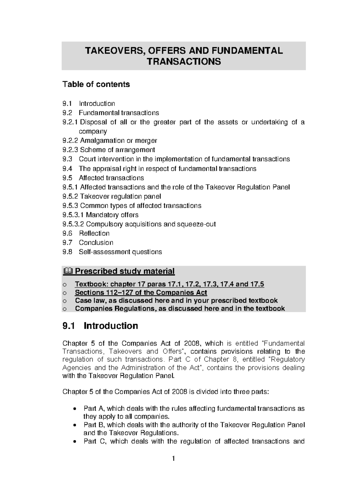 Study UNIT - Takeovers, Offers & Fundamental Transactions (Companies ...