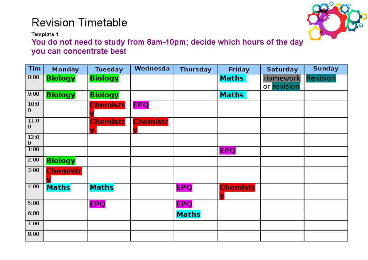 A Level Revision Timetable: Biology, Chemistry, Maths, and EPQ - Studocu