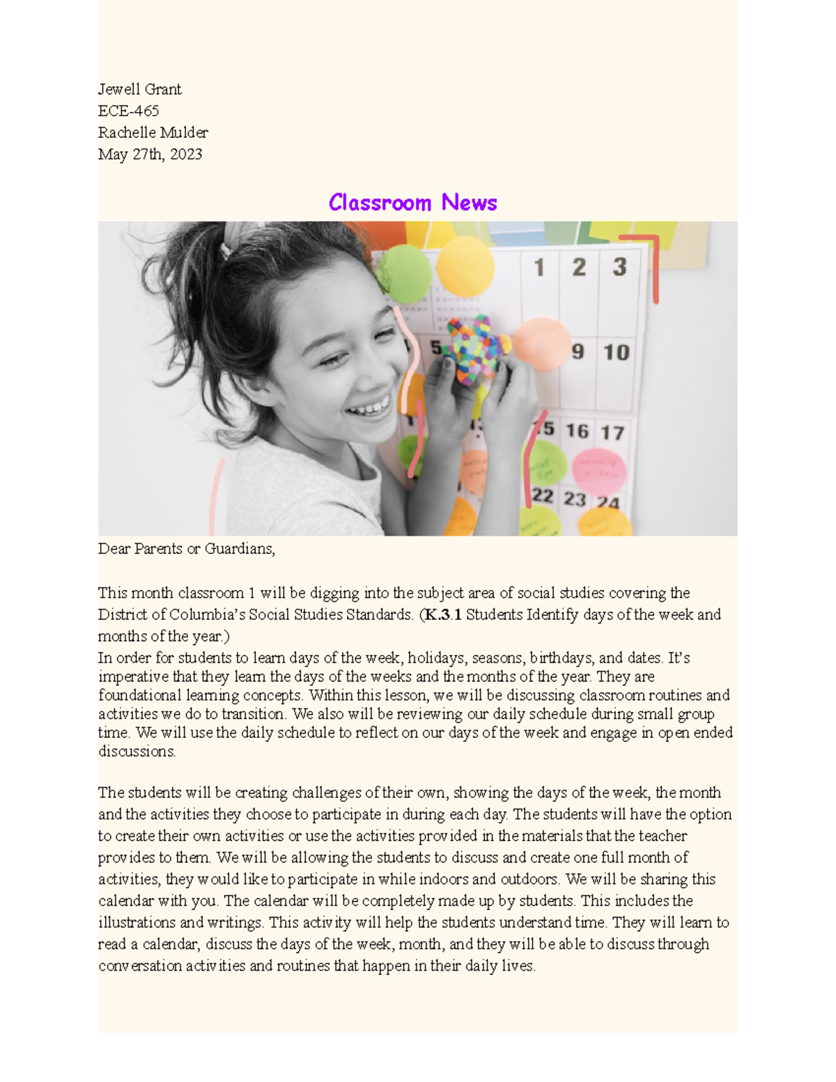 ECE-465 Classroom Newsletter: Social Studies Activities Update - Studocu