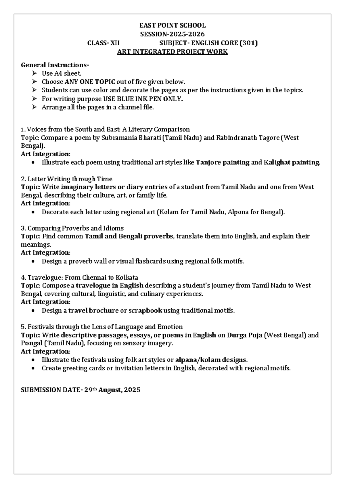 EAST POINT SCHOOL XII ENGLISH CORE (301) ART INTEGRATED PROJECT ...