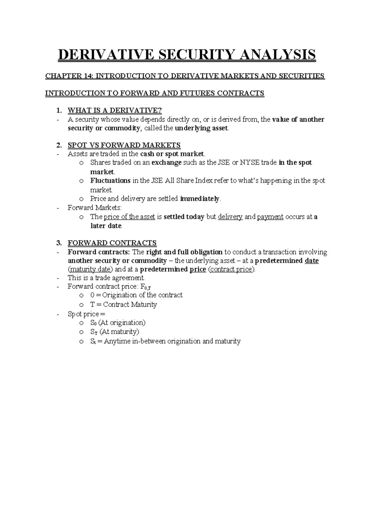DSA 101: Chapter 14 - Introduction to Derivative Markets & Securities - Studocu