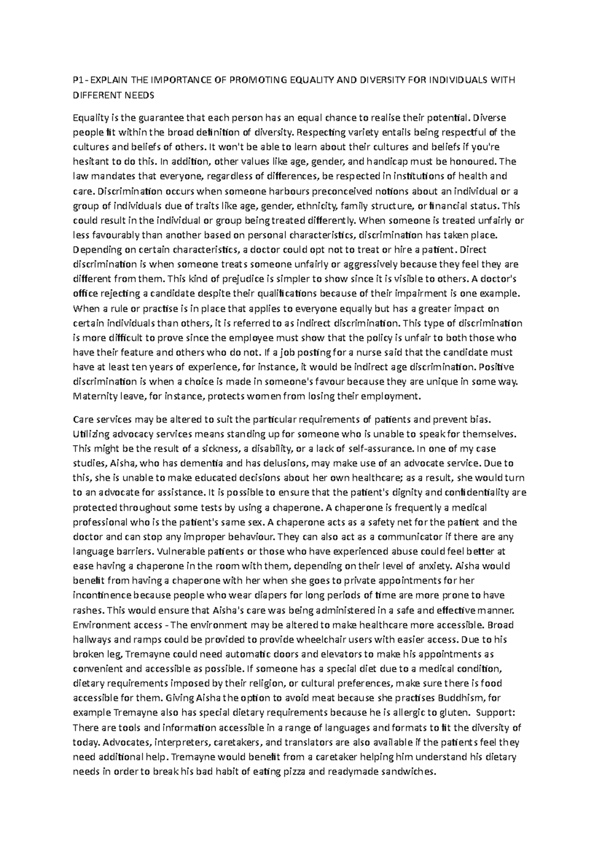 Unit 5 Assignments 1: Promoting Equality & Diversity in Care Services ...