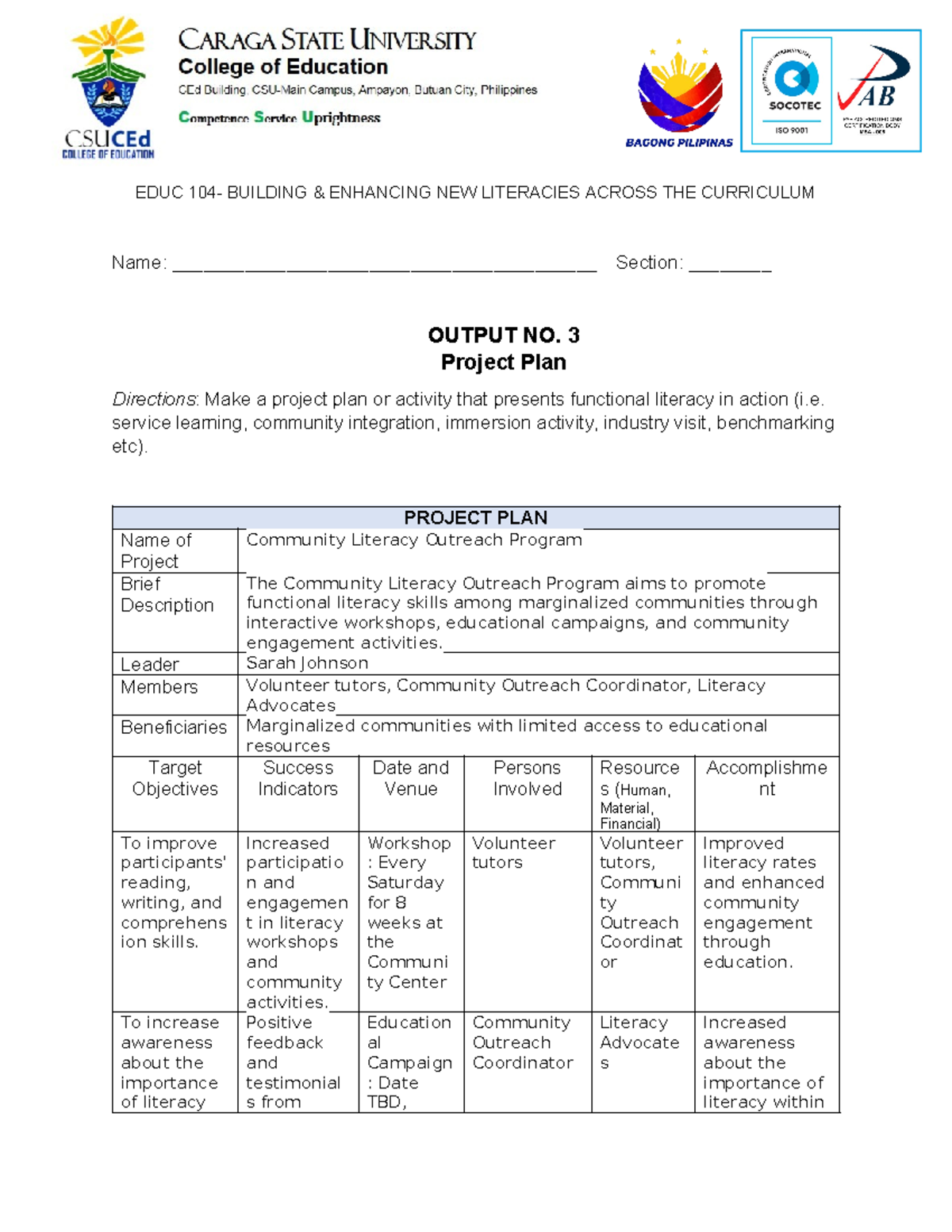 EDUC 104 - Project Plan for Community Literacy Outreach Program - Studocu