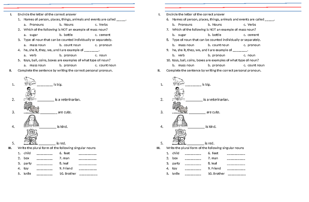 Nouns and Pronouns Quiz: Answer Key and Practice (ENG101) - Studocu