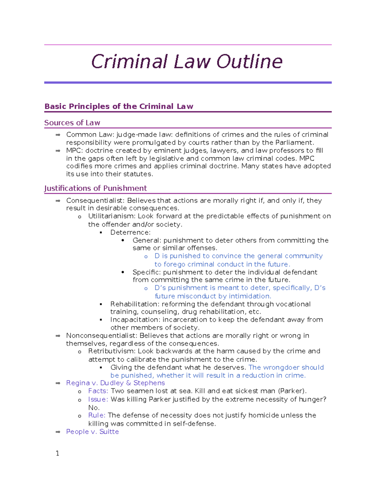 Criminal Law Outline: Key Principles and Case Summaries - Studocu