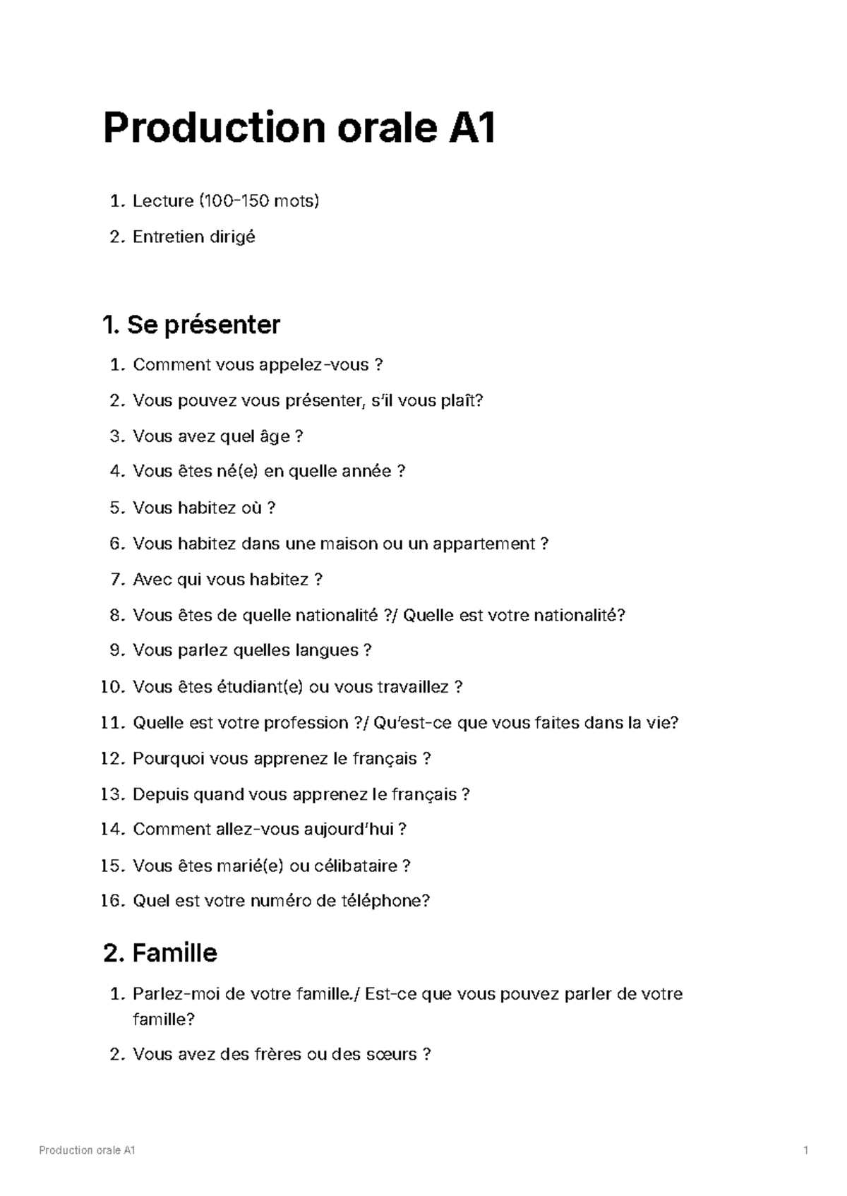 Production Orale A1: Questions et Thèmes Essentiels - Studocu