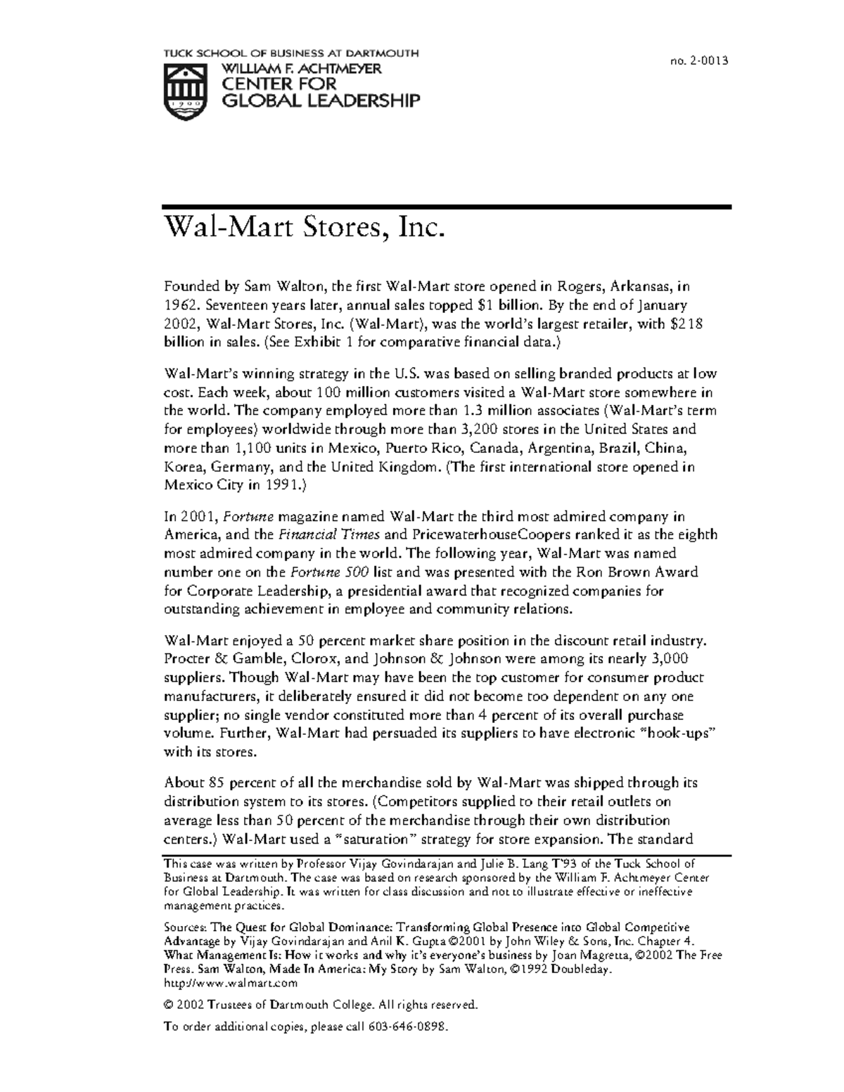 Walmart Case Analysis (2001) – Tuck School of Business Insights - Studocu