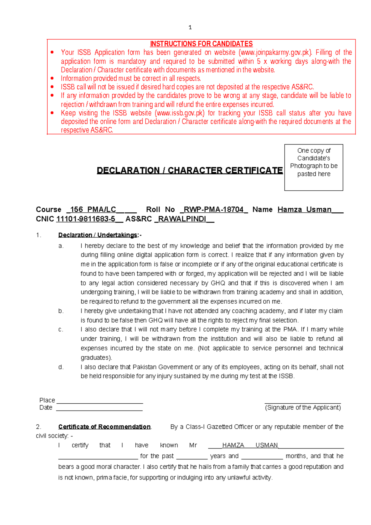 Declaration Instructions for ISSB Application - Course 156 - Studocu