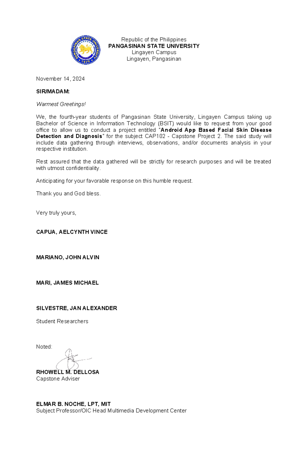 CAP102 - Survey Request Letter for Capstone Project on Skin Disease ...