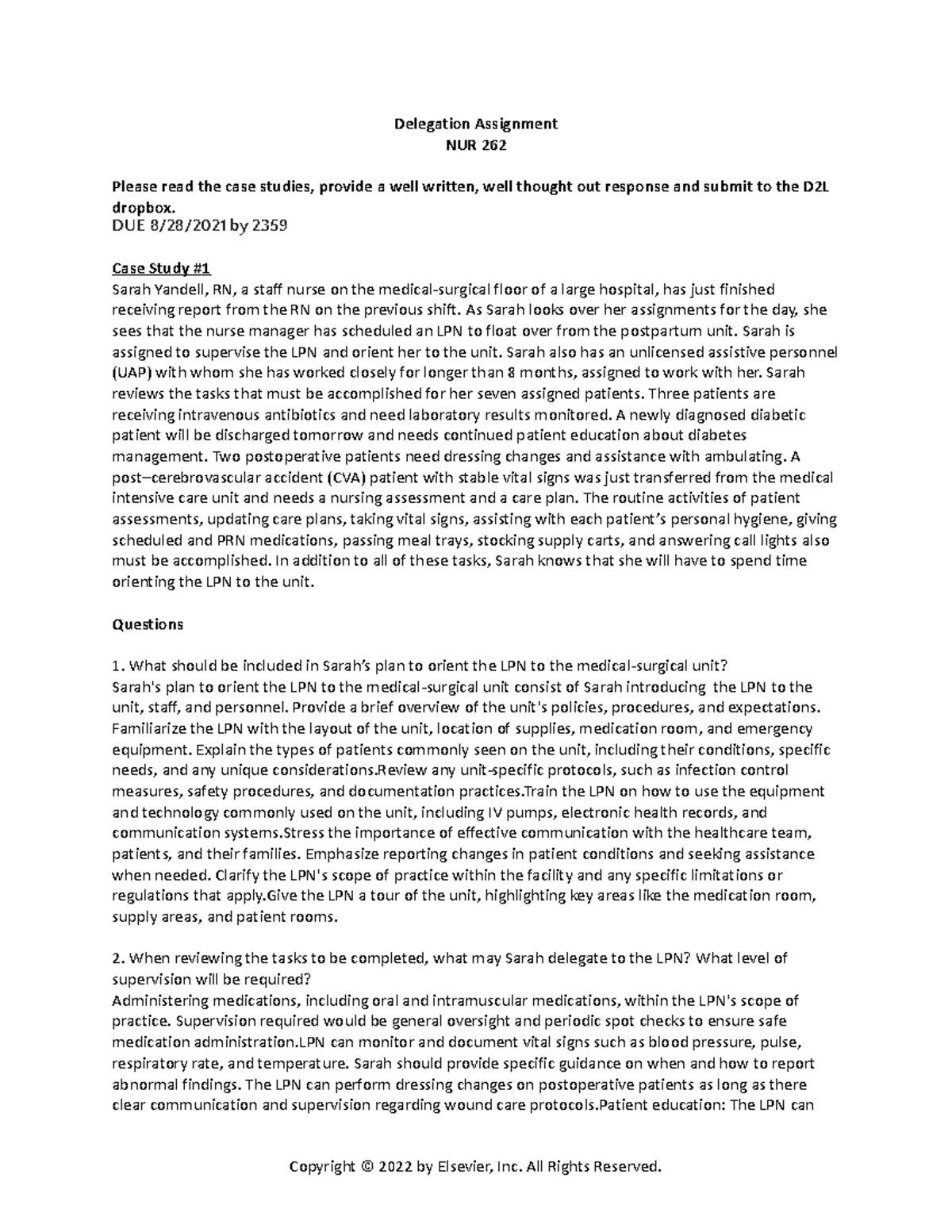 NUR 262 Delegation Assignment: Case Studies Analysis & Guidelines - Studocu