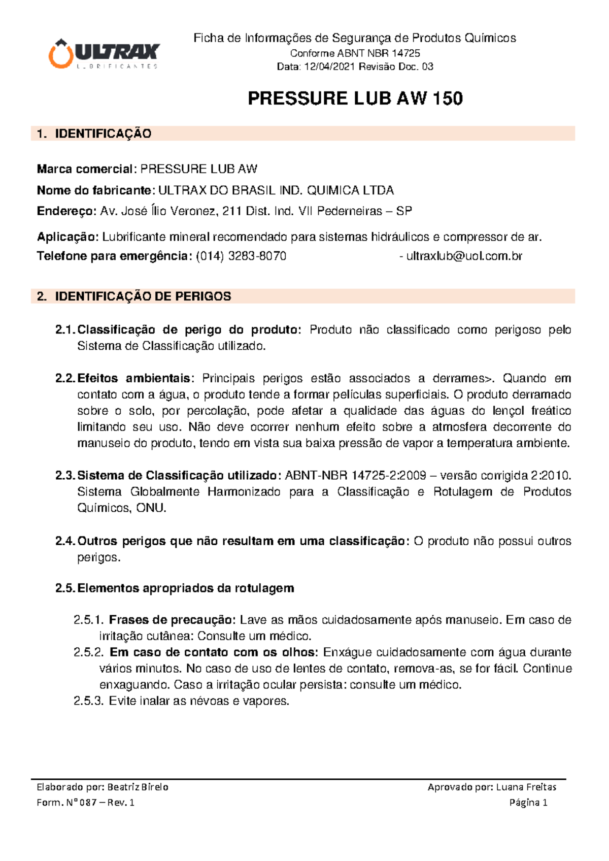 Análise de FISPQ do Lubrificante Pressure Lub AW 150 - ABNT NBR 14725 ...