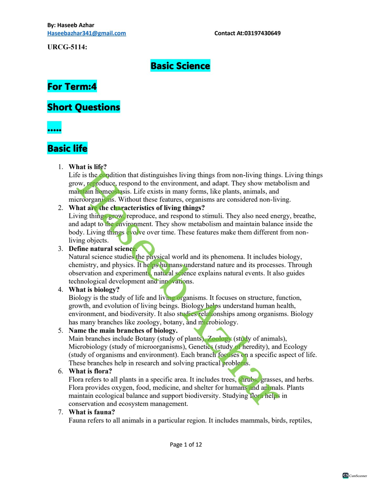 Basic Science Short Questions for Term 4 - Haseeb Azhar - Studocu
