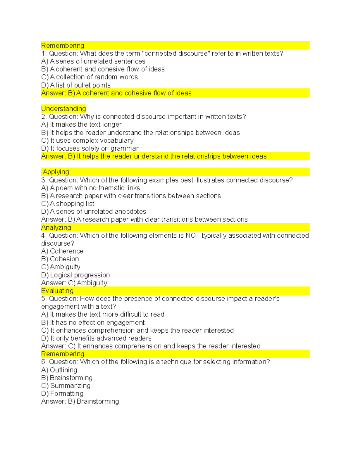 TQ FOR Reading AND Writing (2024-2025) - Remembering Question: What ...