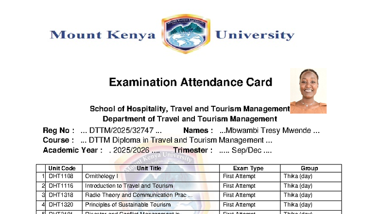 Exam Attendance Card DTTM 2025 - Ornithology & Travel Management - Studocu