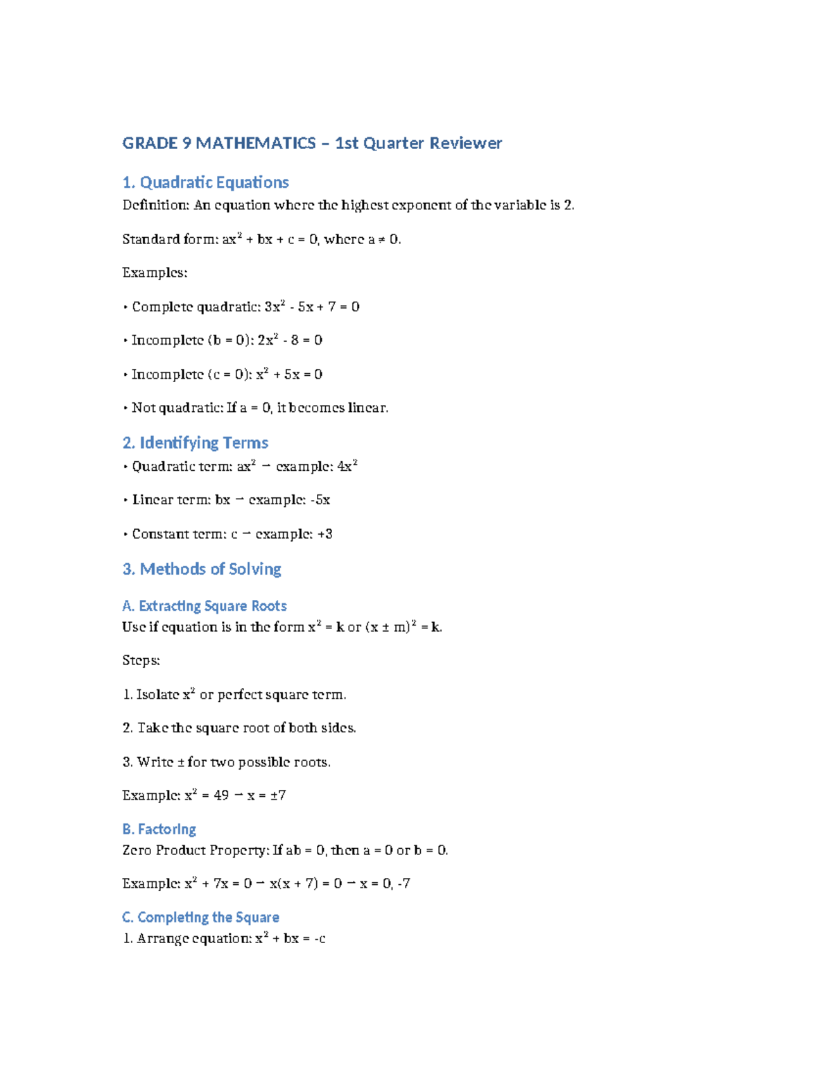 GRADE 9 MATHEMATICS 1st Quarter Reviewer: Quadratic Equations - Studocu