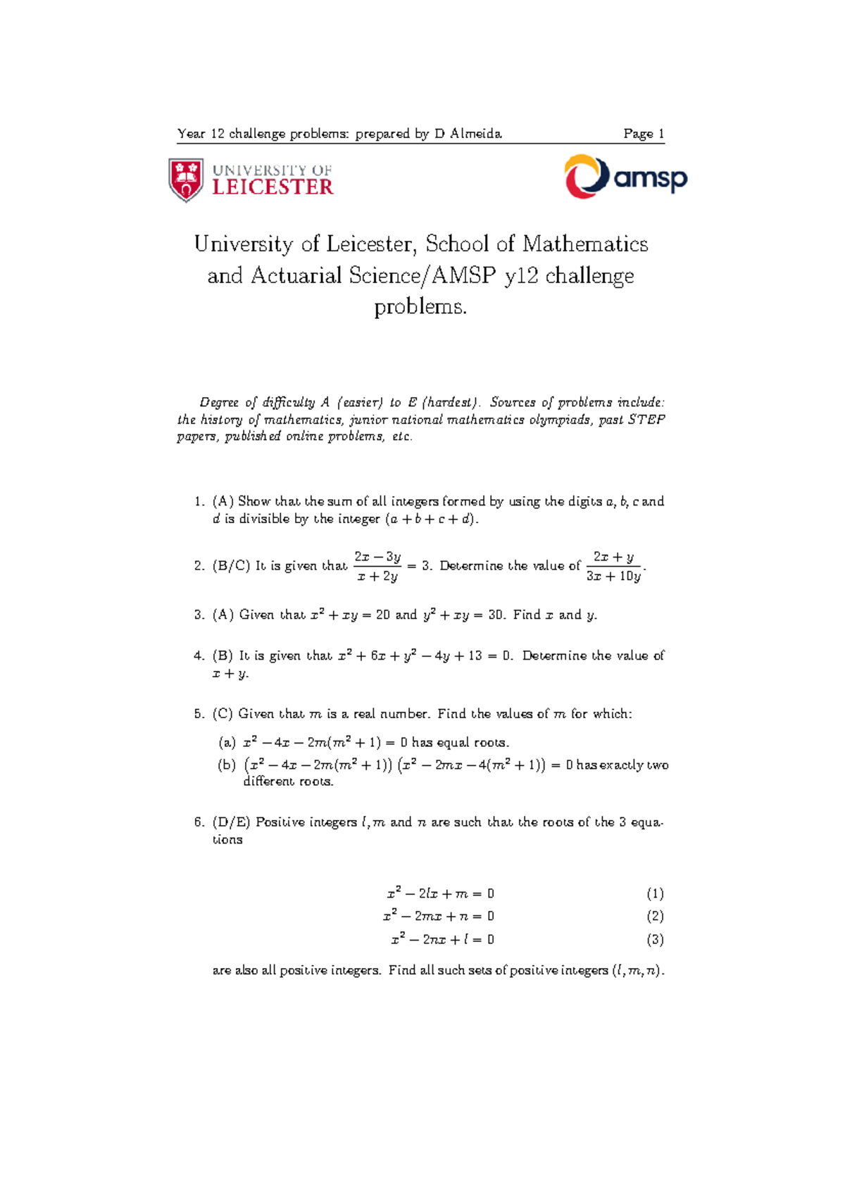 Y12 AMSP Challenge Problems: Mathematics Difficulty Levels A-E - Studocu