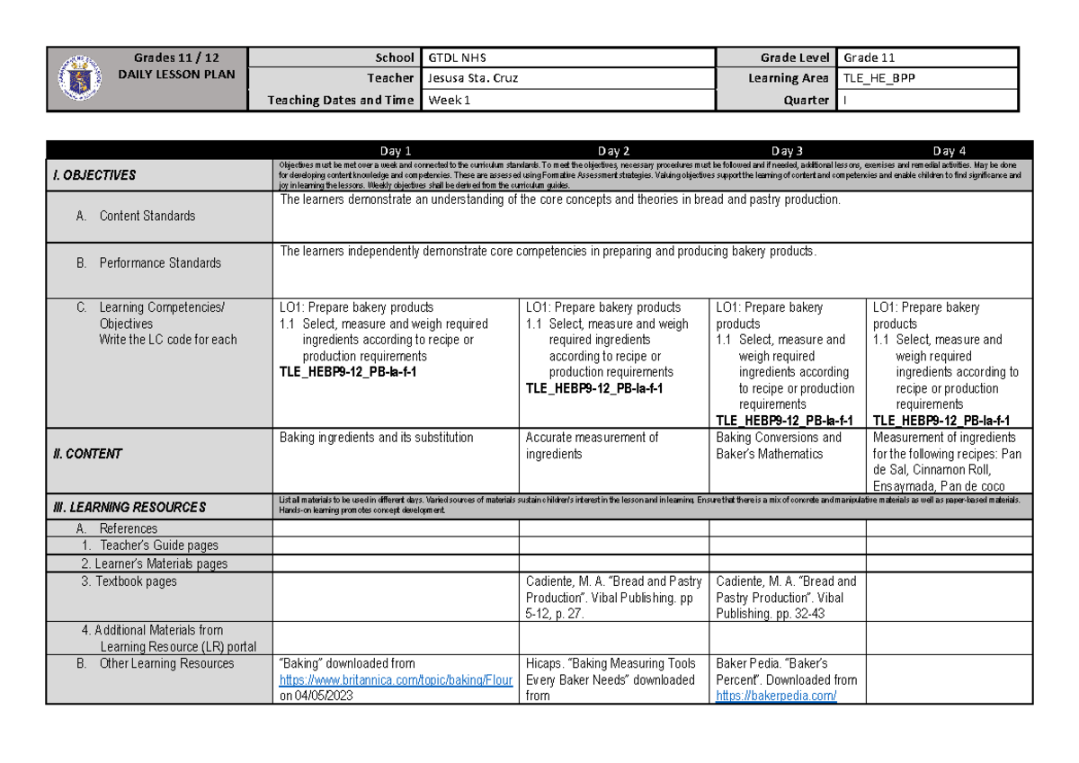 Daily Lesson Plan for TLE_HE_BPP: Week 1 on Bakery Practices - Studocu