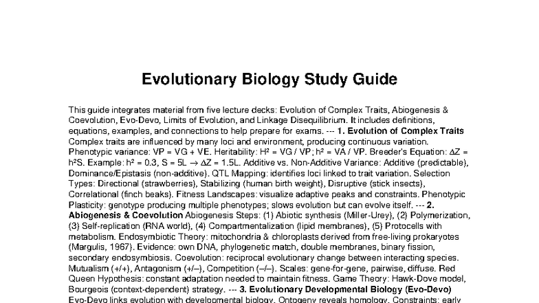 Evolutionary Biology Study Guide (BIO 101) - Key Concepts & Tips - Studocu