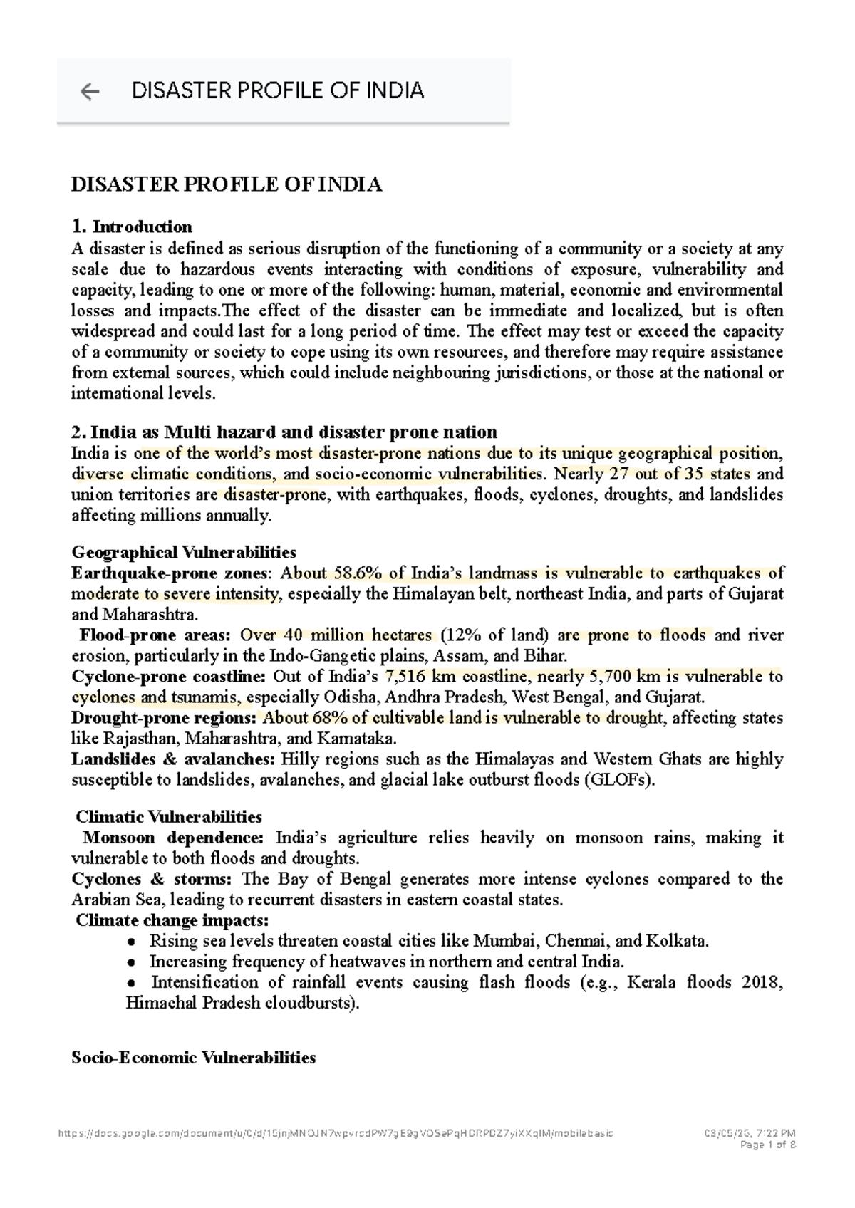 Disaster Profile of India: Analyzing Multi-Hazard Vulnerabilities - Studocu
