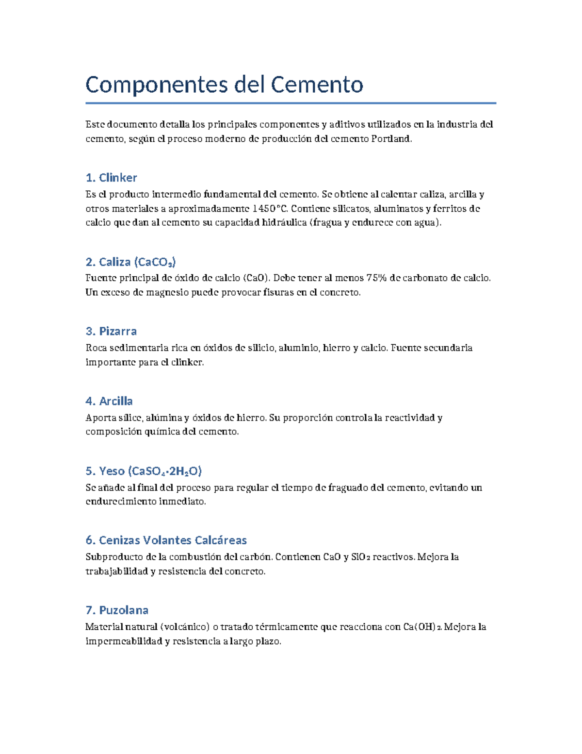 Componentes del Cemento: Resumen de Aditivos y Materiales Clave - Studocu