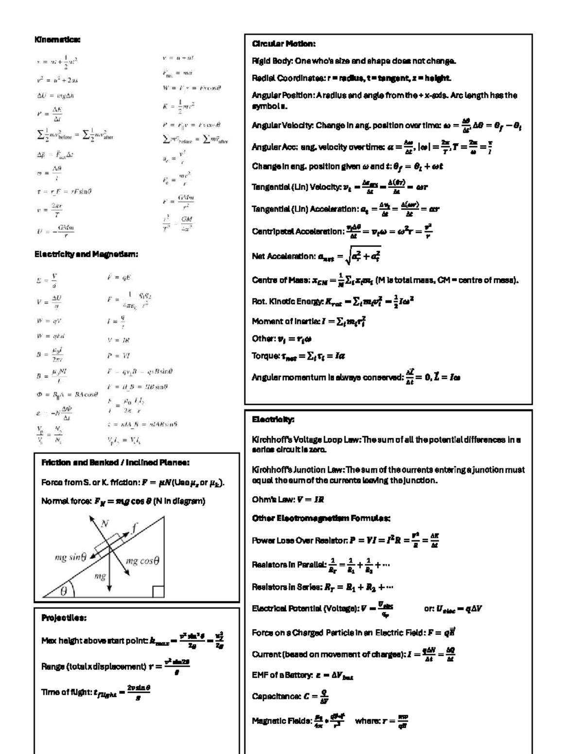 Kinematics and Electricity Cheat Sheet: Circular Motion & More - Studocu
