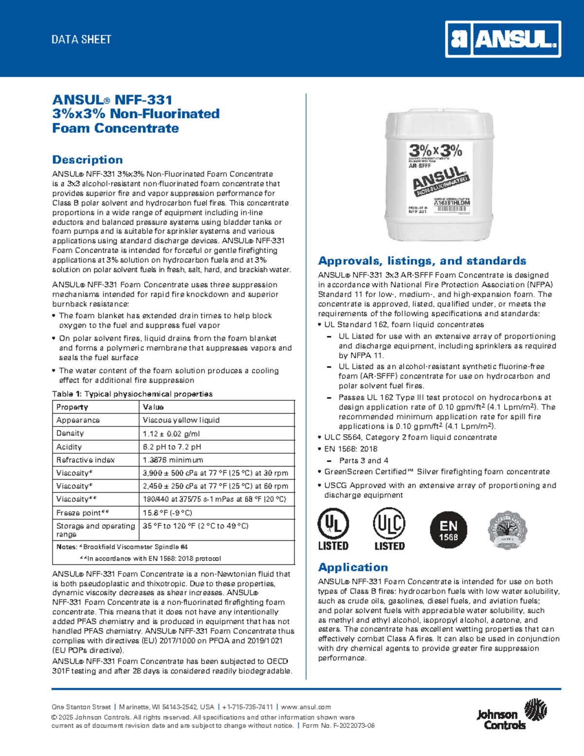 F-2022073-06 Ansul NFF-331 Foam Concentrate Overview and Properties ...