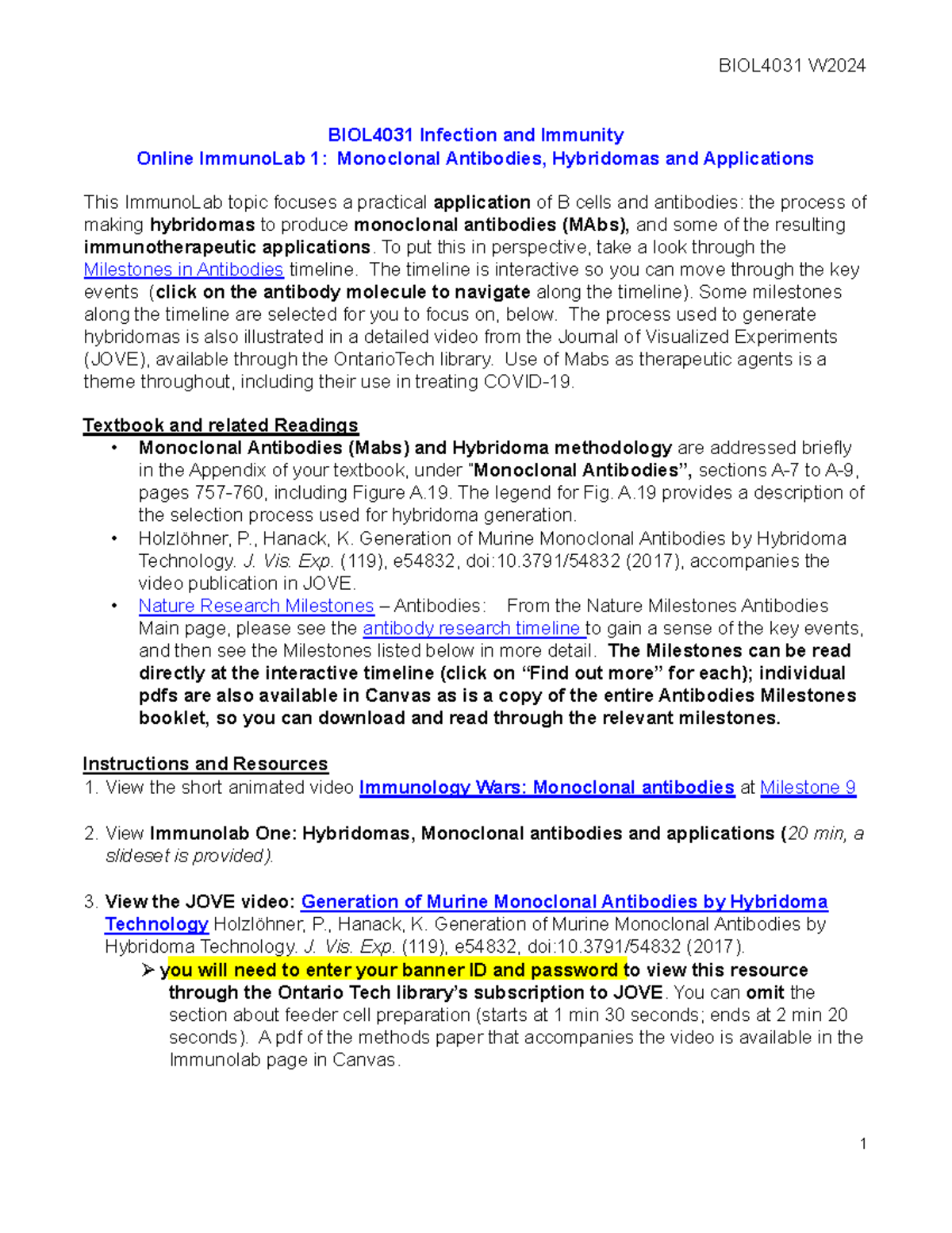 BIOL4031 Immuno Lab 1 instructions - BIOL4031 W202 4 1 BIOL4031 ...