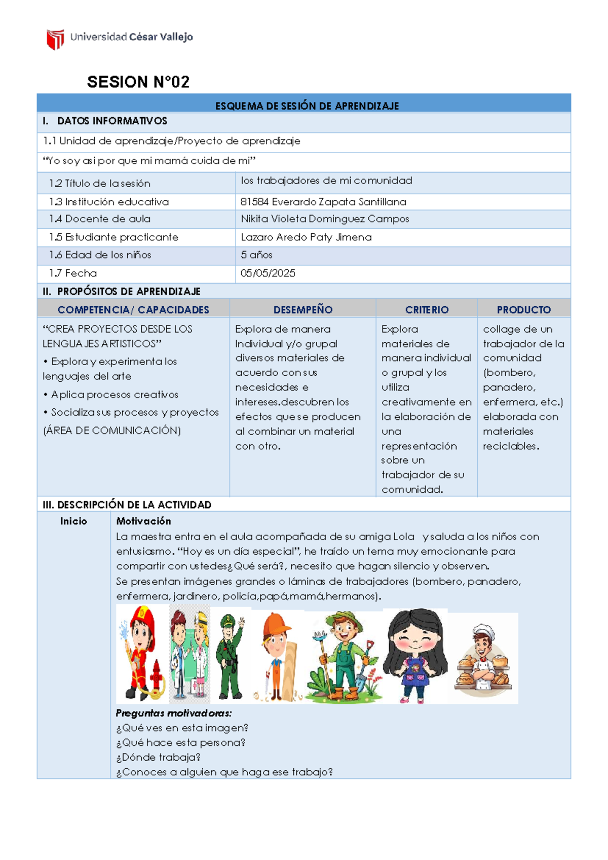 SESION 02: LOS TRABAJADORES DE MI COMUNIDAD - I.E.I. 81584 - Studocu
