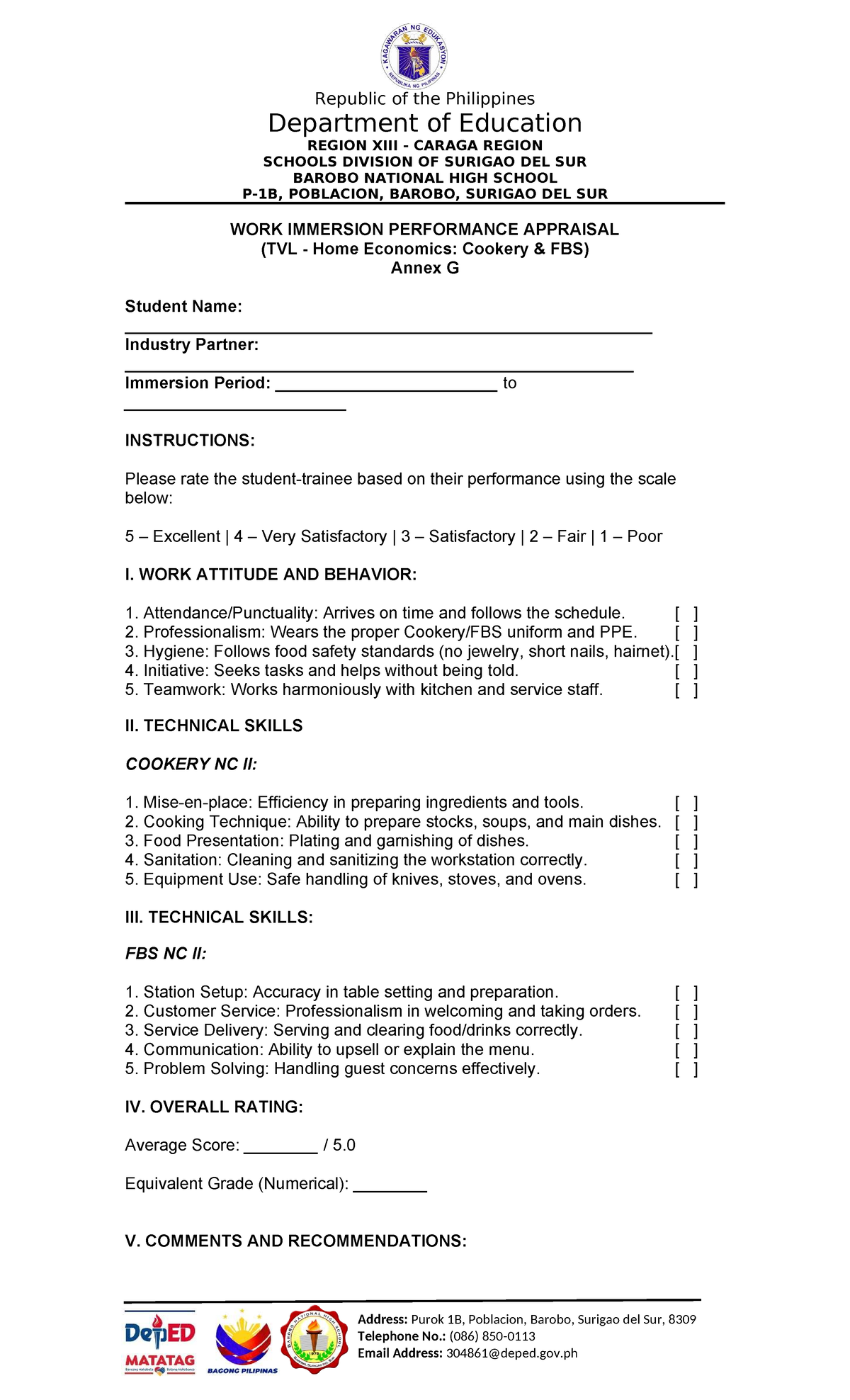 WORK IMMERSION PERFORMANCE APPRAISAL (TVL HE: Cookery FBS) - Studocu