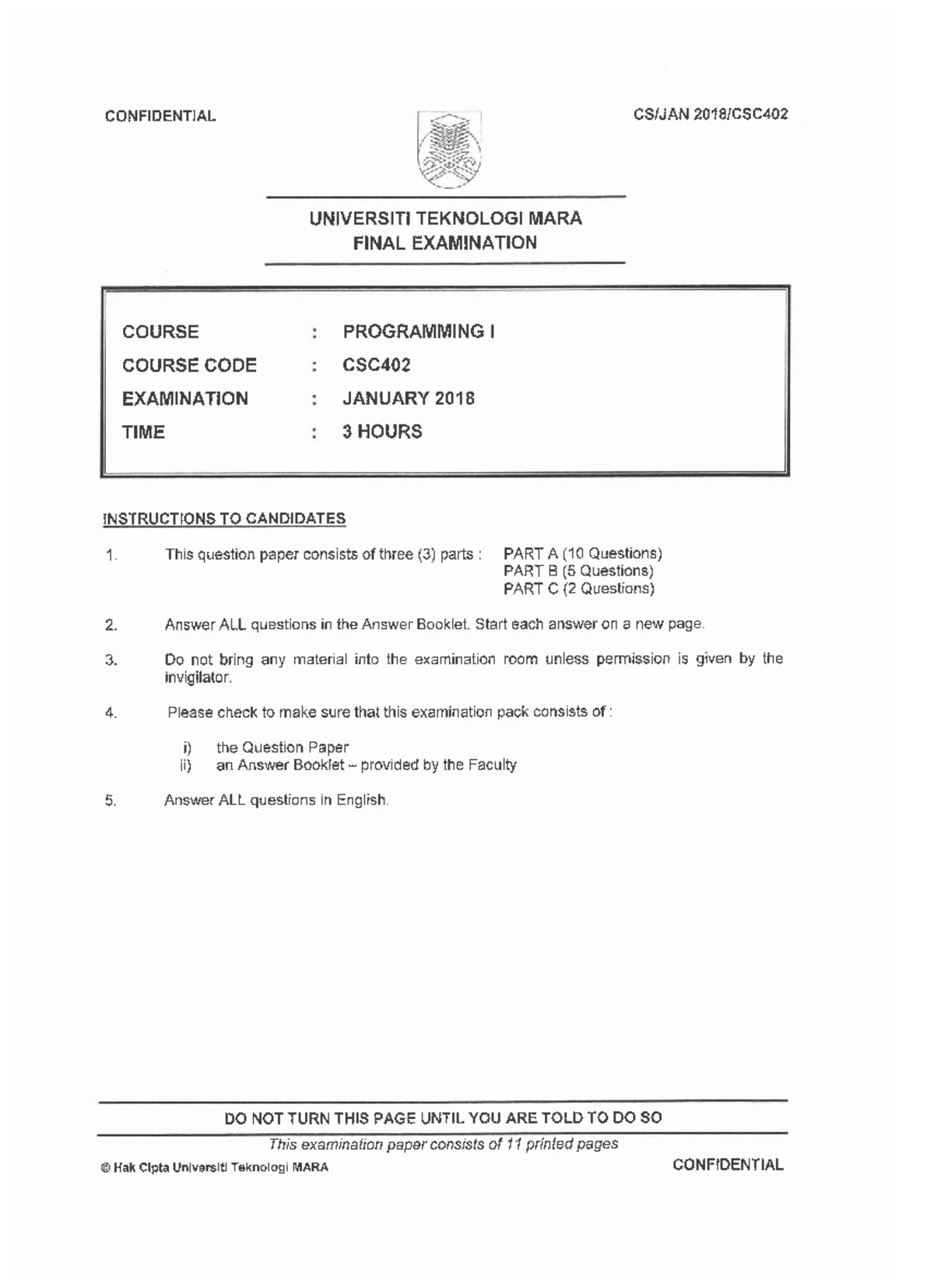 CSC402 Final Exam Paper - Programming I (July 2023) - Studocu
