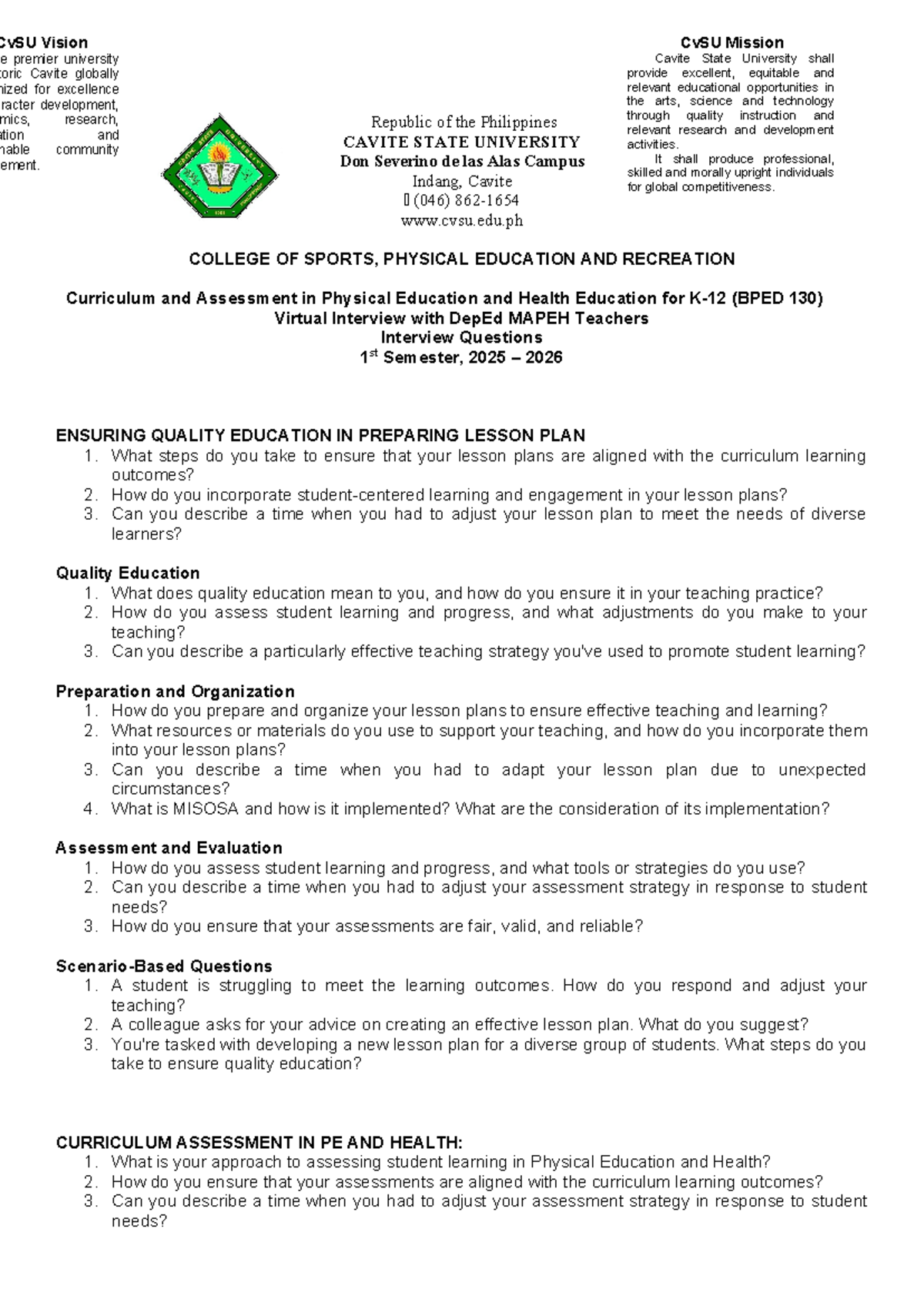 BPED 130: Interview Guide for PE & Health Curriculum Assessment - Studocu
