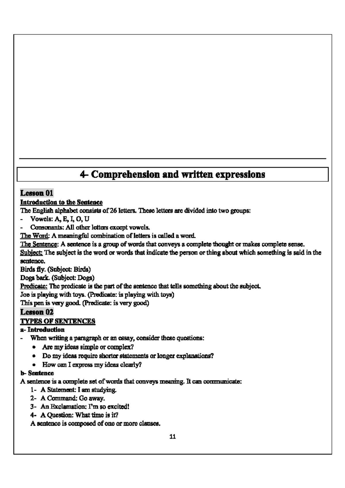 ENG101: Comprehension & Written Expression - Lesson 01: Sentences - Studocu