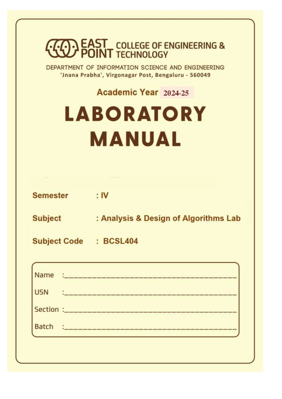 BCSL404 Analysis and Design of Algorithms Lab Manual 2024-25 - Studocu