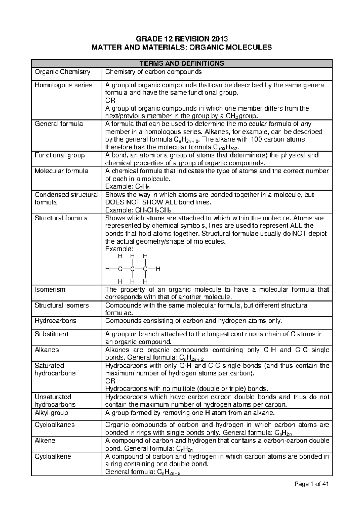 GRADE 12 FSDoE REVISION 2013: ORGANIC MOLECULES TERMS & DEFINITIONS ...