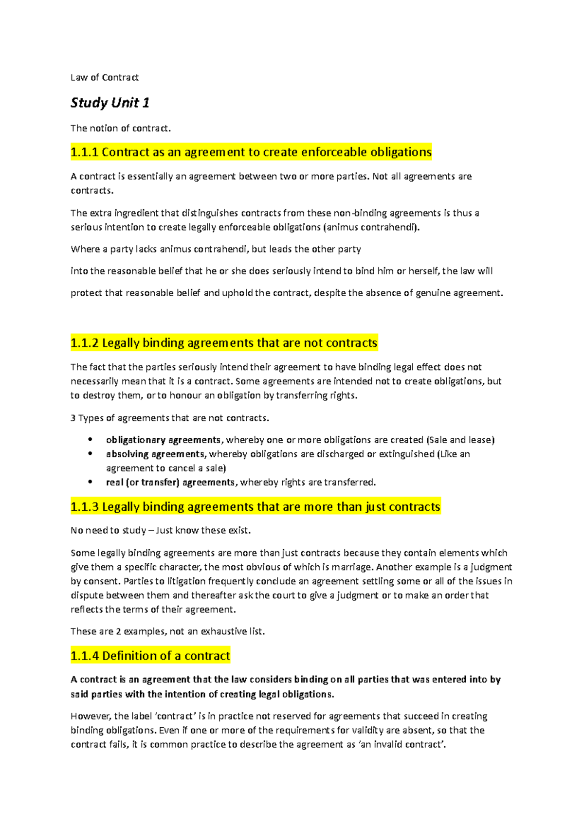 Law of Contract (LAW101) Study Pack: Comprehensive Module Summary - Studocu