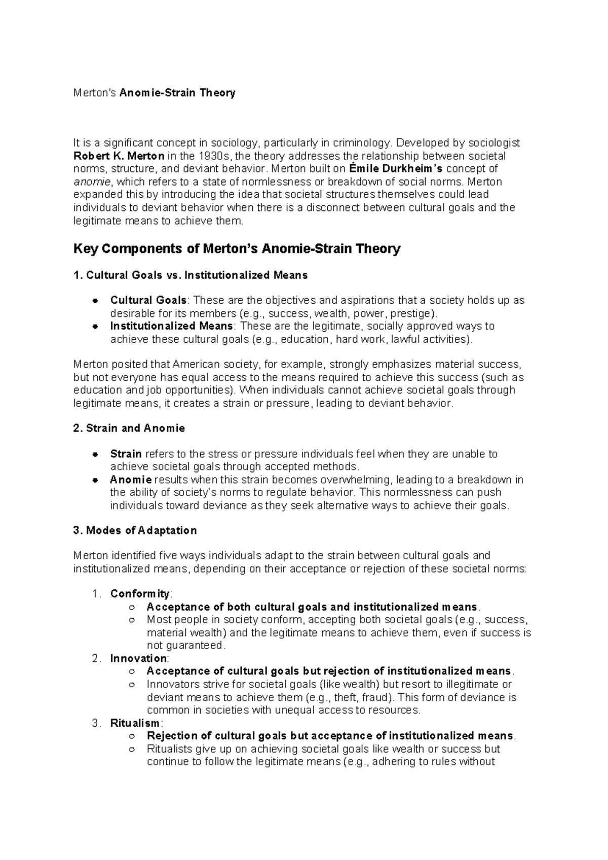 MERT 101: Merton's Anomie and Strain Theory Explained - Studocu