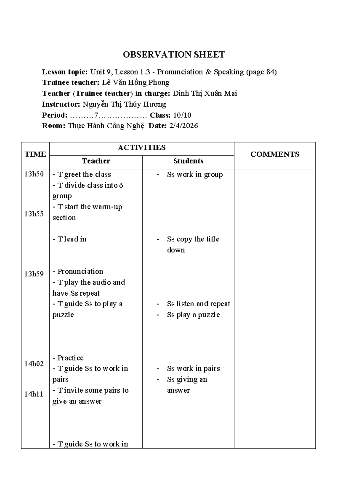 Observation Sheet: Unit 9, Lesson 1.3 Pronunciation & Speaking - Studocu